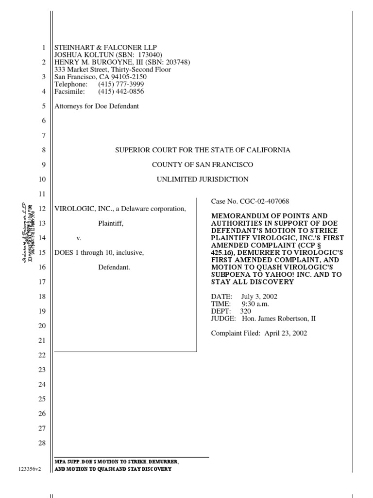 Mpa Supp. Doe'S Motion To Strike, Demurrer, and Motion To Quash and ...