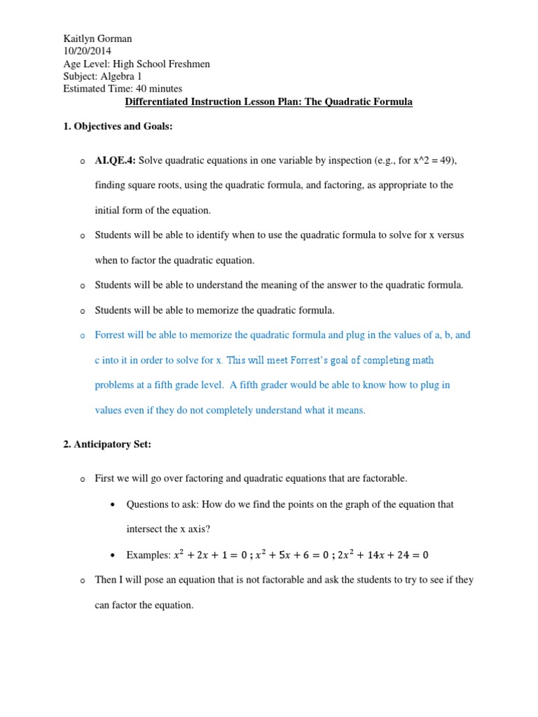 Differentiated Instruction Lesson | PDF | Quadratic Equation | Factorization