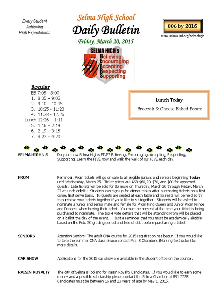 SHS Daily Bulletin 3-20-15 | PDF | Prom | Schools