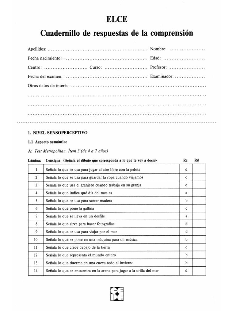 Cuadernillo de Respuestas Comprensión Elce. | PDF
