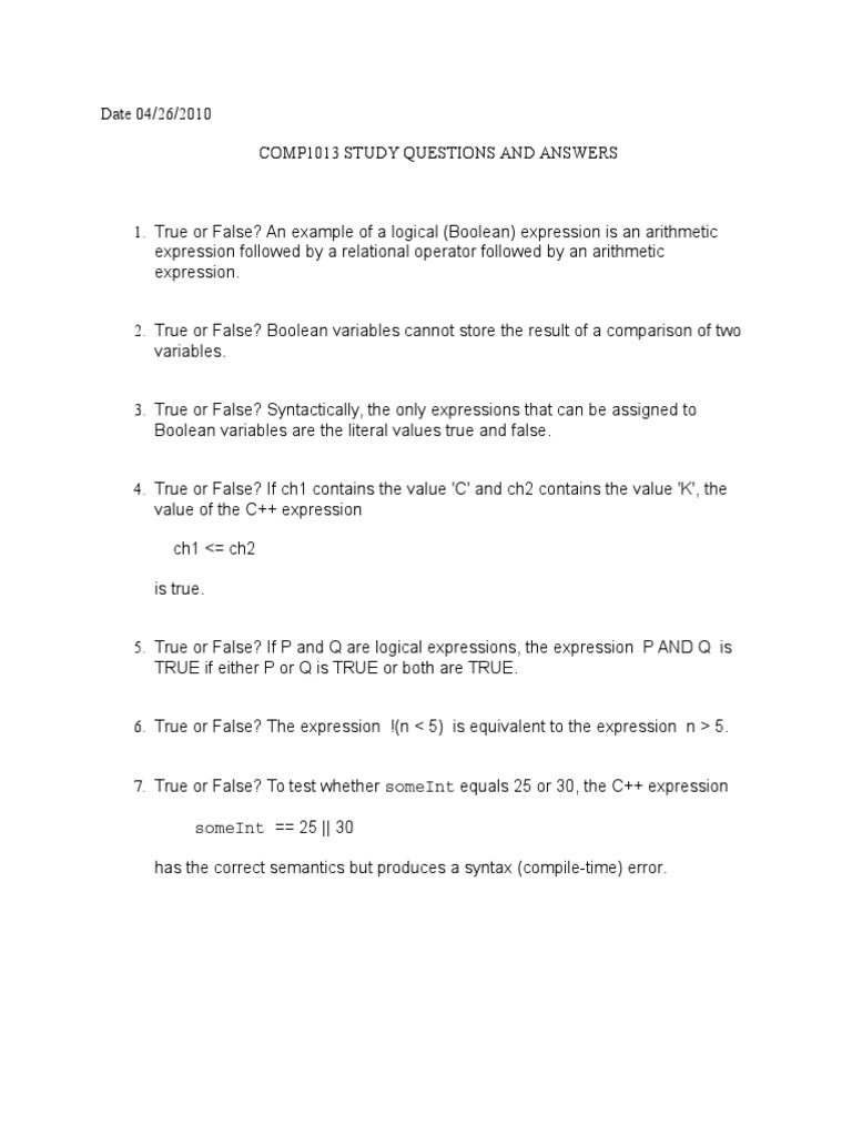Boolean Logic Study Questions and Answers | PDF | Boolean Data Type ...
