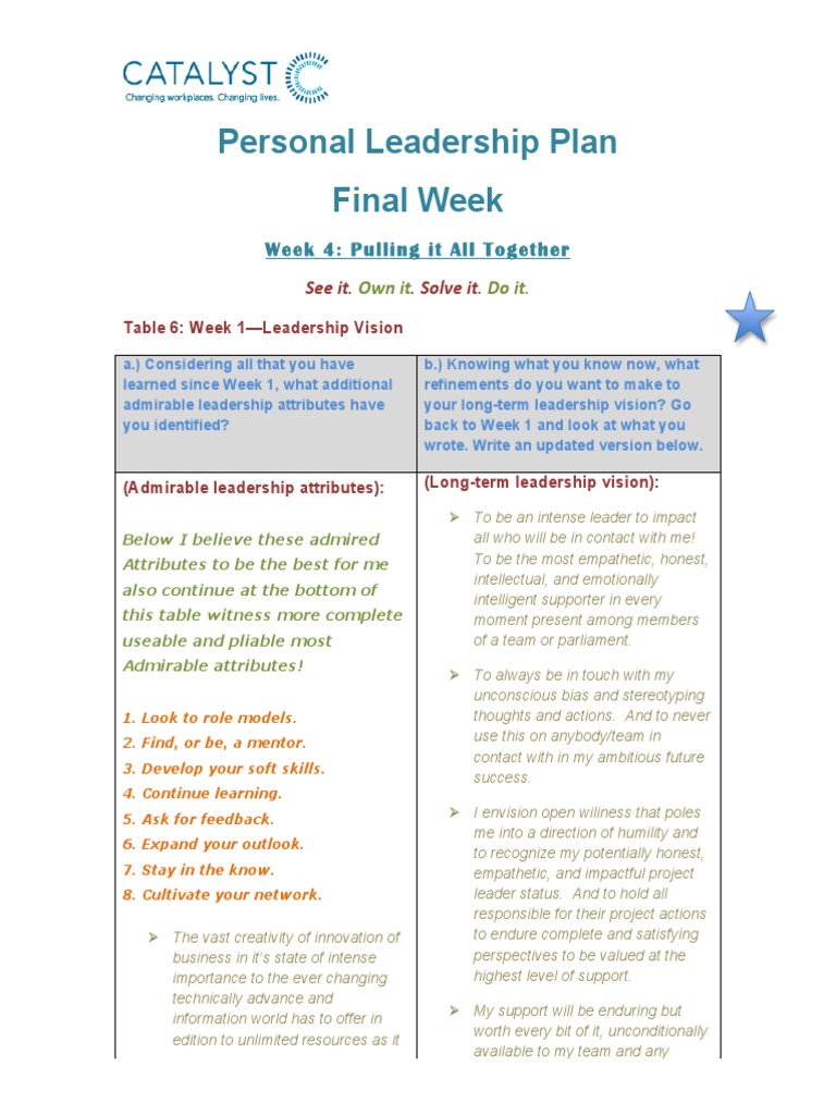 Personal Leadership Plan Final Week: Week 4: Pulling It All Together ...