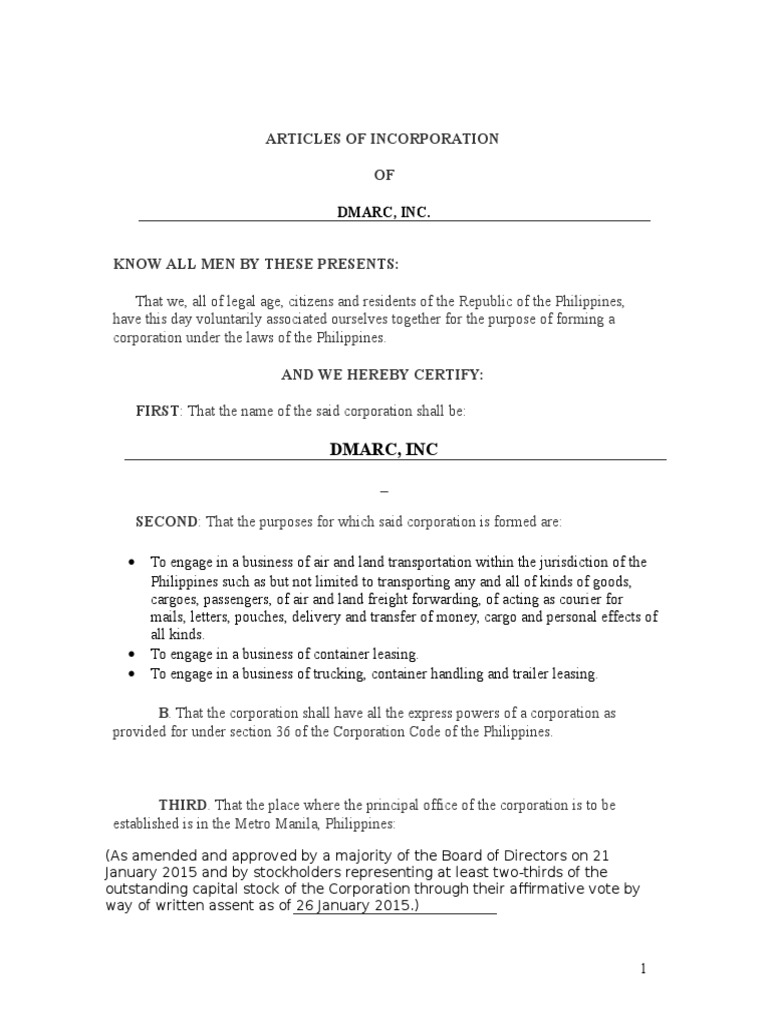 Articles of Incorporation Sample | PDF | Proxy Voting | Board Of Directors