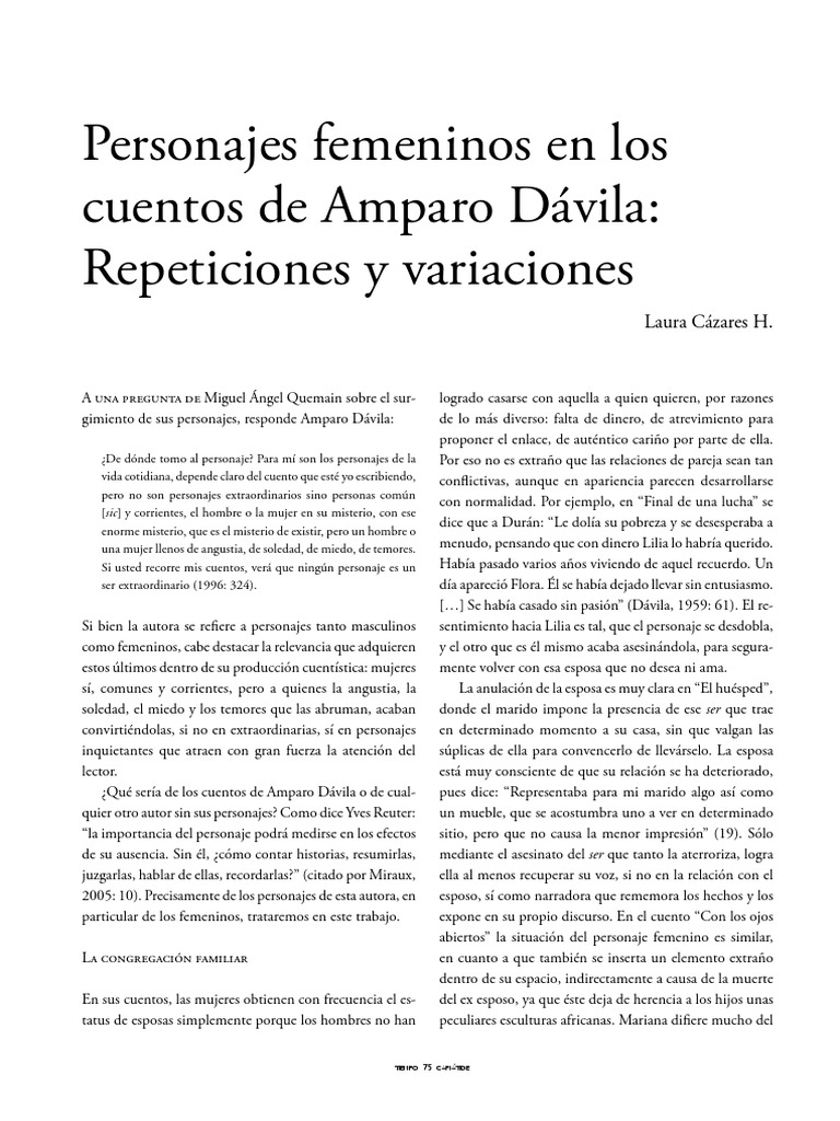 Personajes Femeninos en Los Cuentos de Amparo Davila | PDF