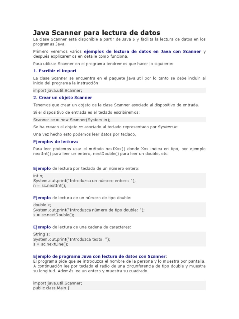 Java Scanner para Lectura de Datos | PDF | Java (lenguaje de programación) | Cadena (informática)