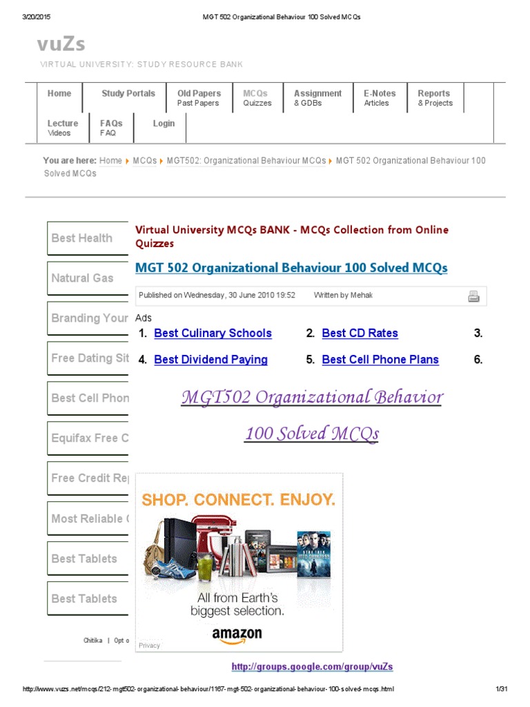 MGT 502 Organizational Behaviour 100 Solved MCQs PDF | PDF | Reinforcement | Classical Conditioning