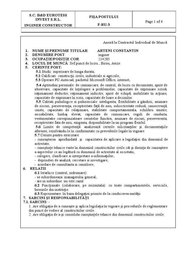 FISA POSTULUI Inginer Constructor | PDF