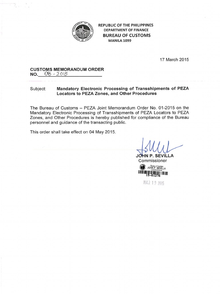 BOC CMO Order On BOC-PEZA Joint Memo / E2m Filing For Transshipments | PDF
