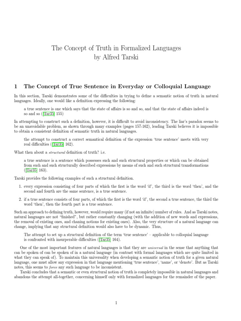 The Concept of Truth in Formalized Languages | PDF | Definition | Truth
