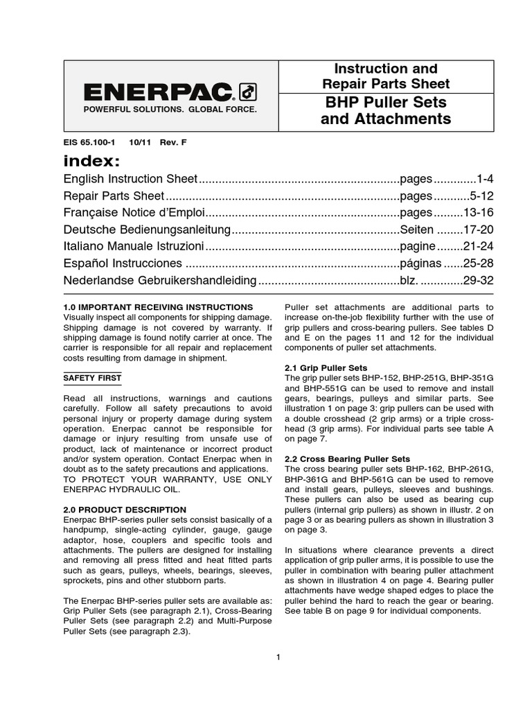 Enerpac BHP Puller Sets | PDF | Fluid Dynamics | Hydraulic Engineering