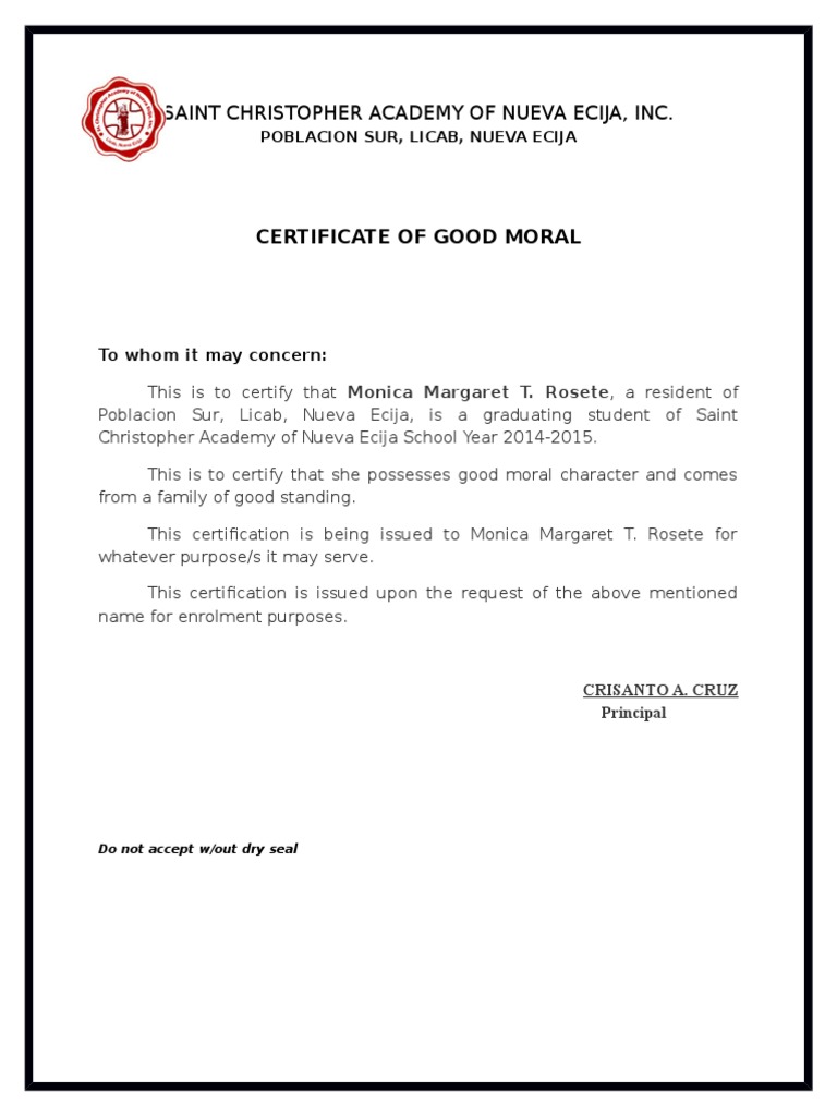 Certificate of Good Moral Character | PDF | Religion & Spirituality ...