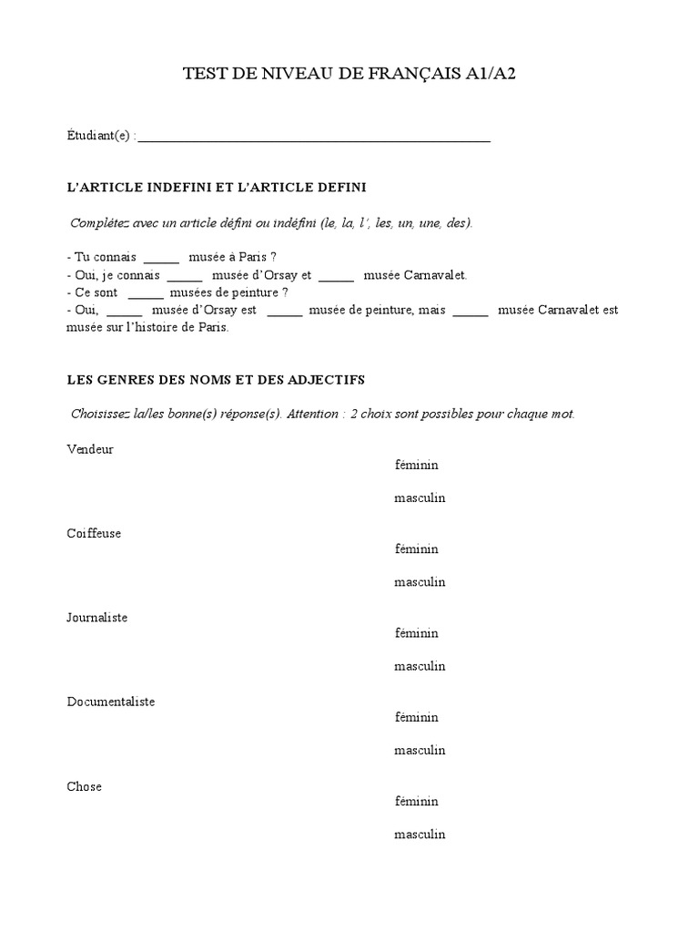 Test de niveau A1/A2 en français | PDF | Genre grammatical | Linguistique