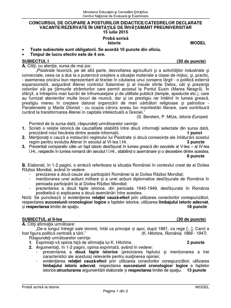 Titularizare Istorie 2015 Variantă Model | PDF