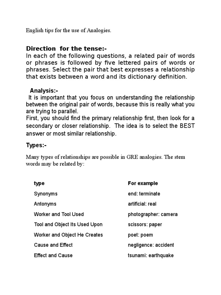 Direction For The Tense | PDF | Analogy | Phrase