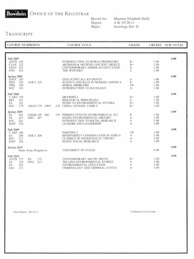 Dugdale Undergraduate Transcript - Bowdoin College | PDF