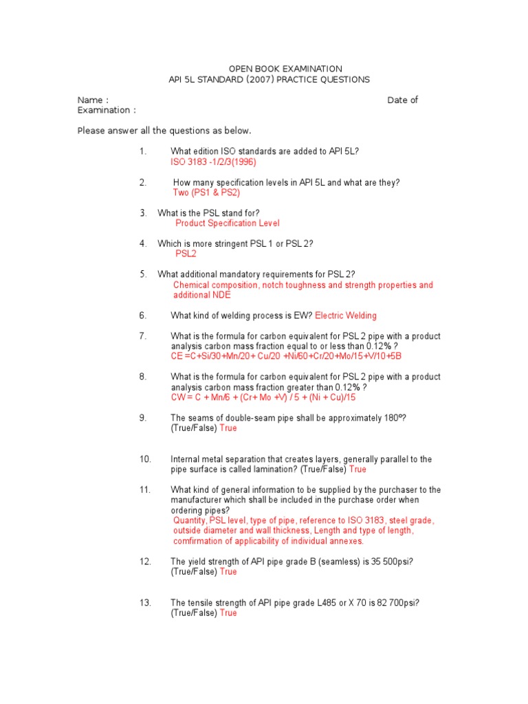 API 5L PRACTICE QUESTIONS - Doc r2 | PDF | Pipe (Fluid Conveyance ...