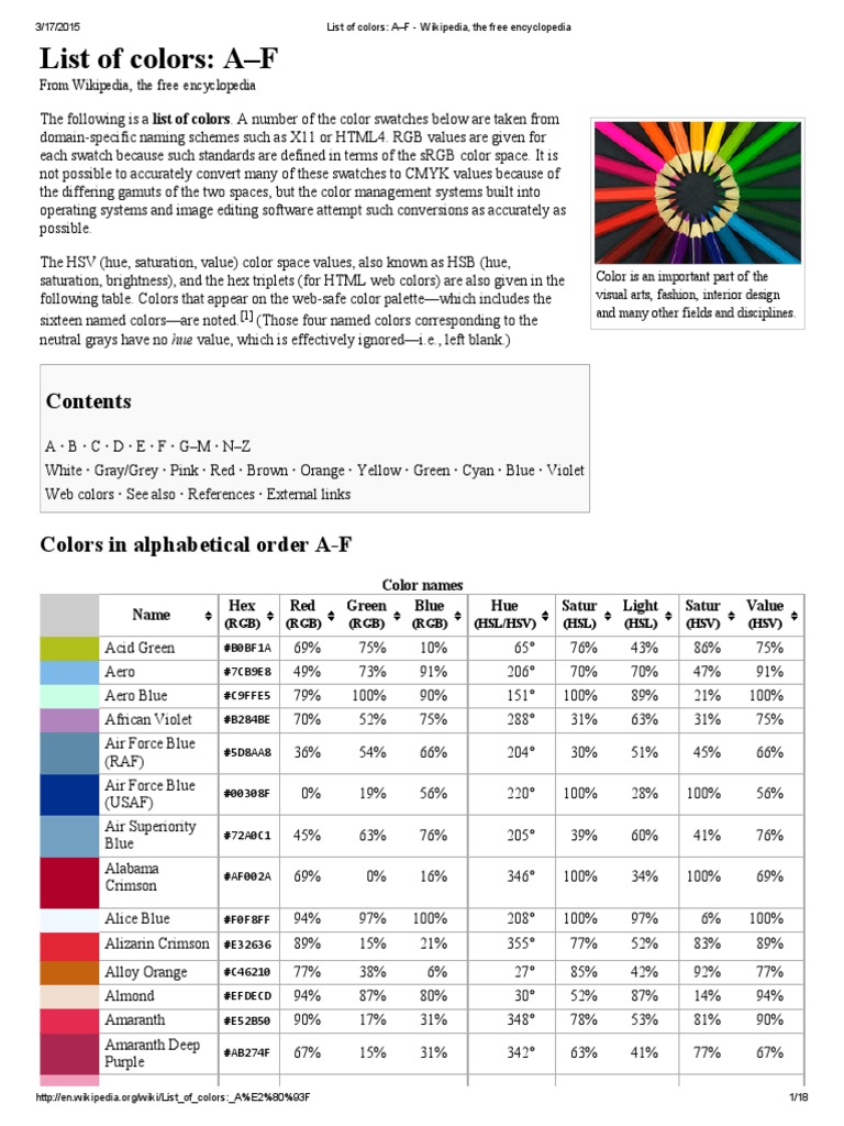 List of Colors - A-F - Wikipedia, The Free Encyclopedia | PDF | Hue | Color