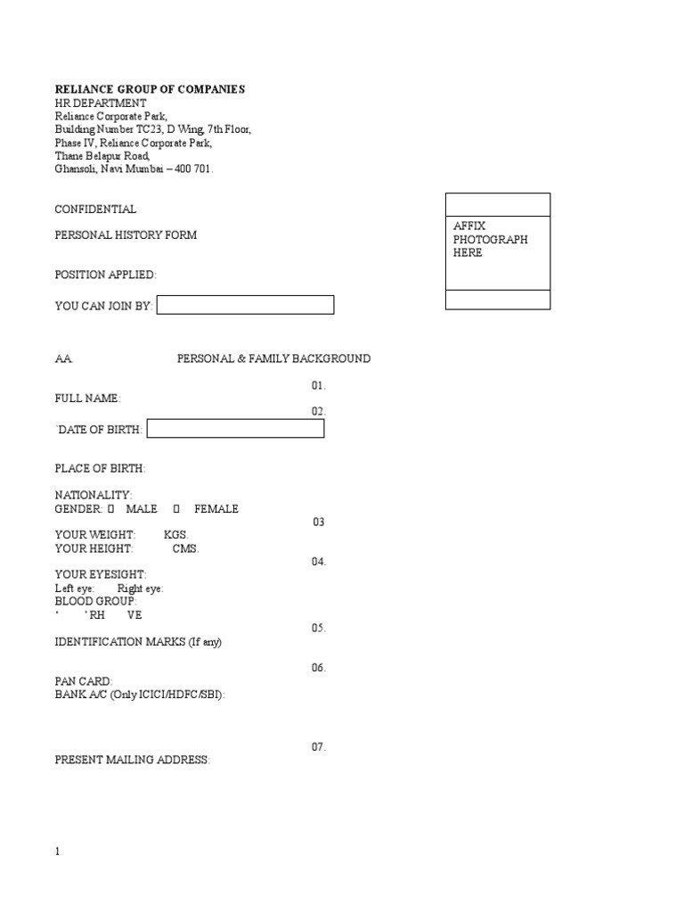 RIL Personal History Form | PDF | Pension | Government