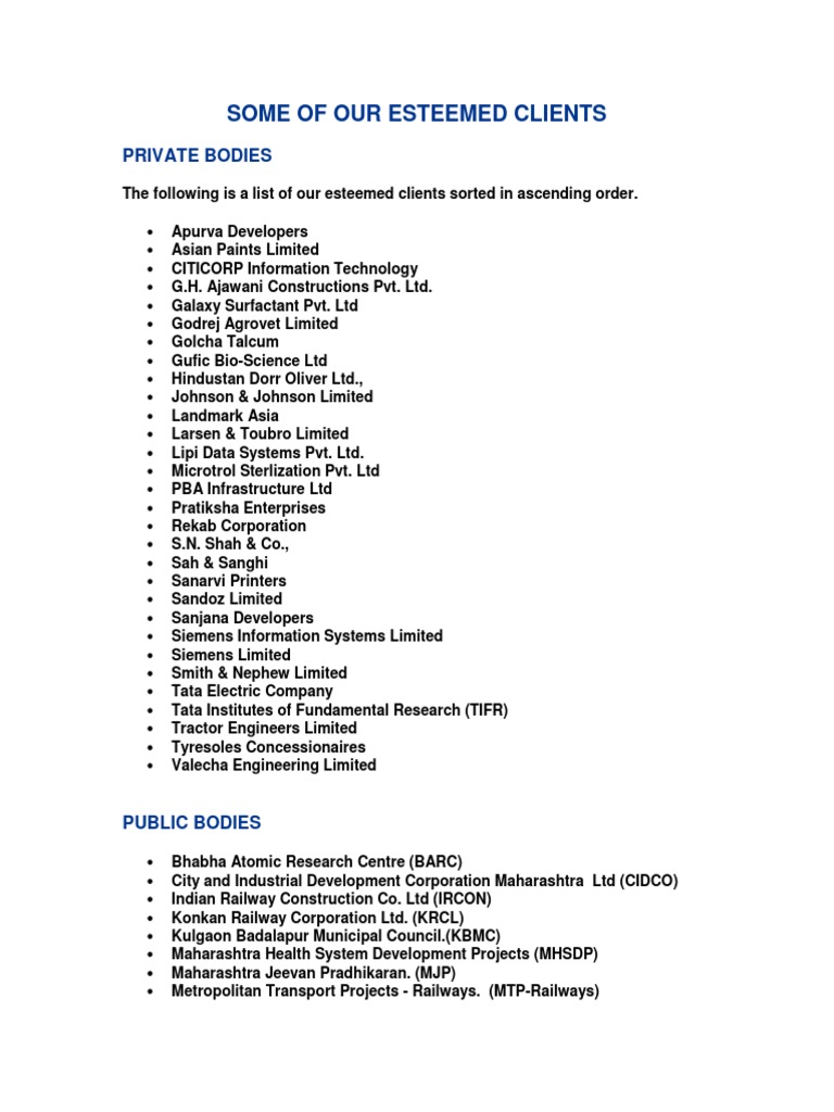 Some of Our Esteemed Clients | PDF | Technology & Engineering