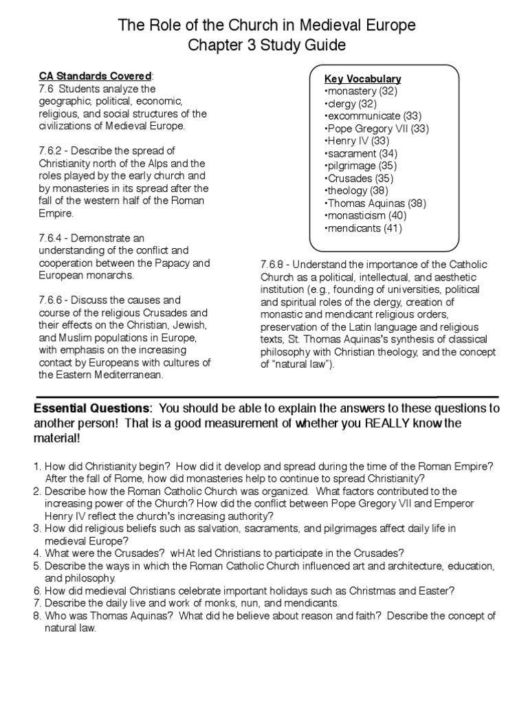 CH 3 Study Guide | PDF | Catholic Church | Monastery