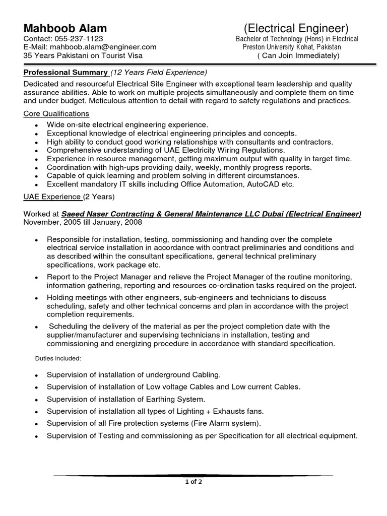 Electrical Engineer CV Sample | PDF | Electric Power Distribution | Cable