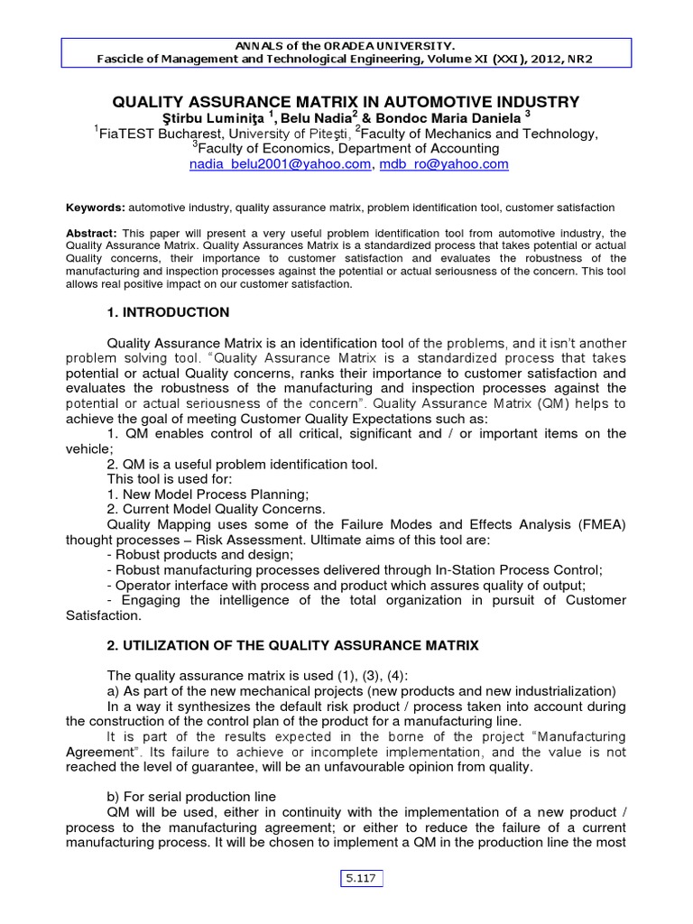 Quality Assurance Matrix Tool for Automotive Industry Problems | PDF ...