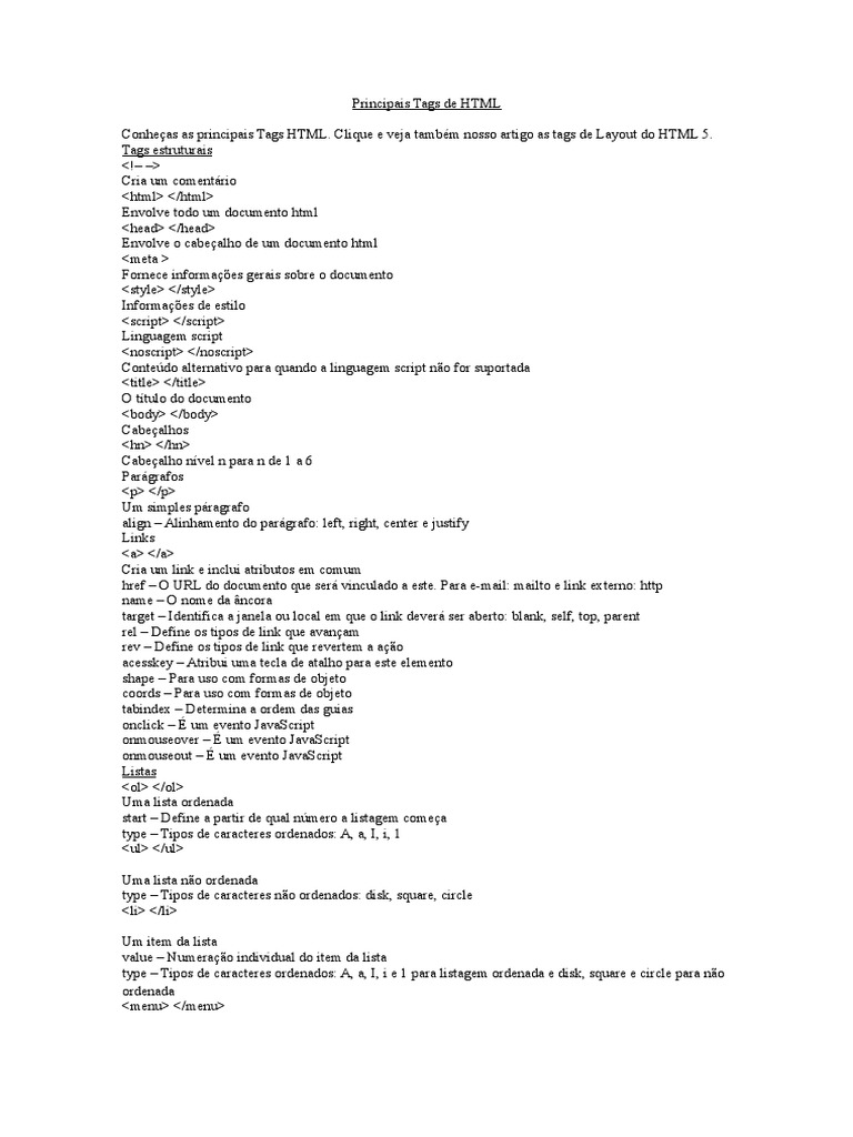Principais Tags de HTML | PDF | Html | Script Java