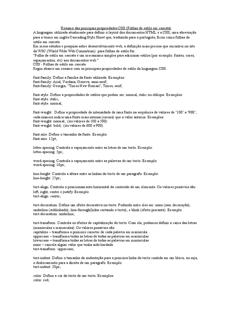 Resumo CSS | PDF | Folhas de estilo em cascata | Padrões do World Wide Web Consortium