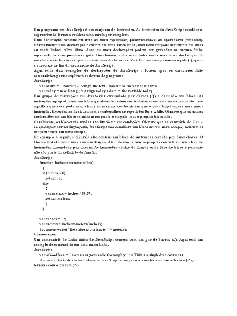 Resumo JavaScript | PDF | Script Java | Engenharia de Software Resumo JavaScript | PDF | Script Java | Engenharia de Software