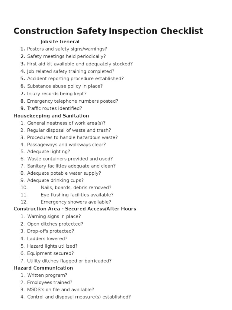 Construction Safety Checklist | PDF | Personal Protective Equipment ...