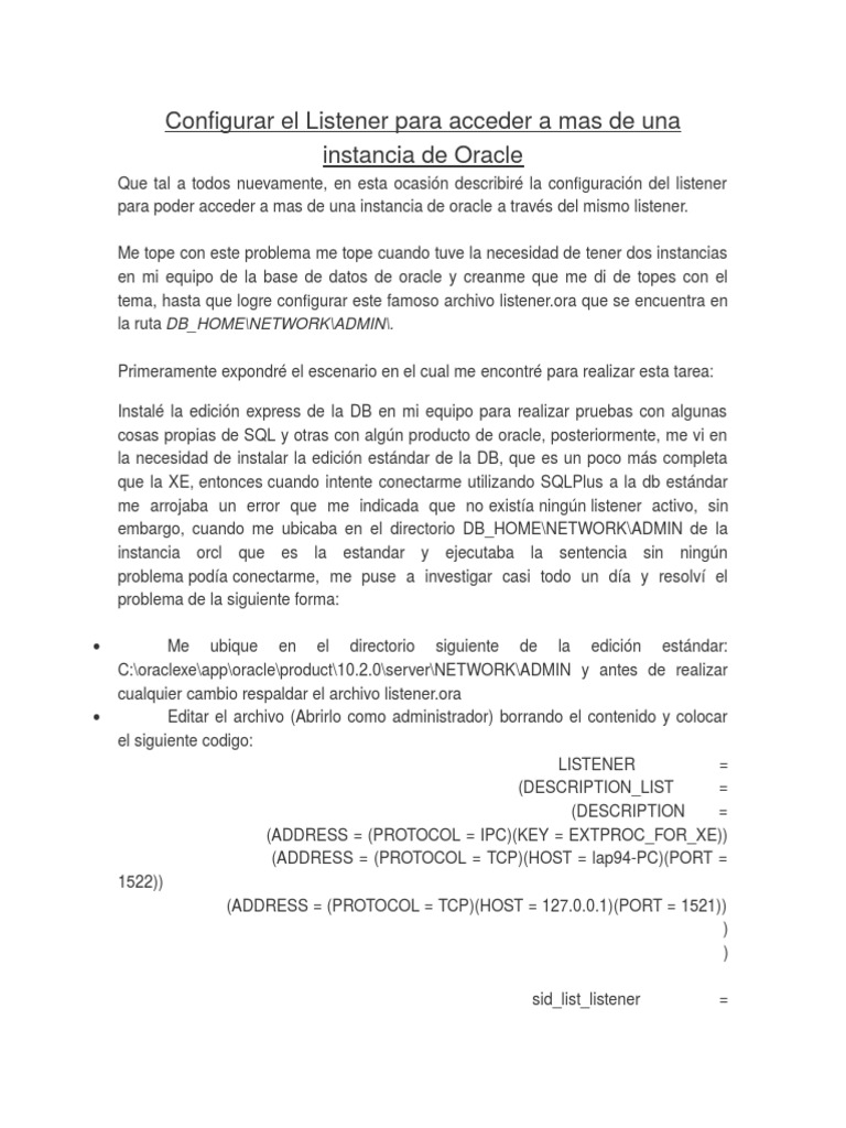 Configurar El Listener para Acceder A Mas de Una Instancia de Oracle ...