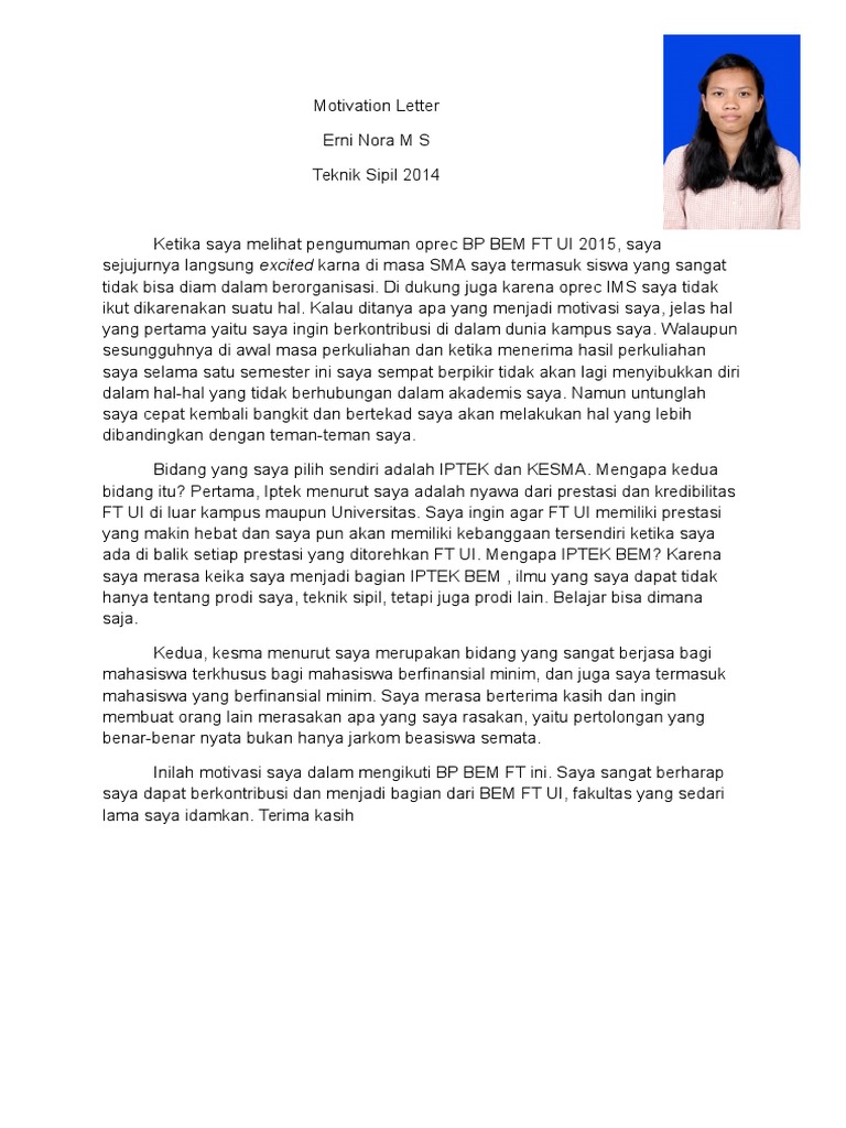 Motivation Letter BP BEM FT UI | PDF