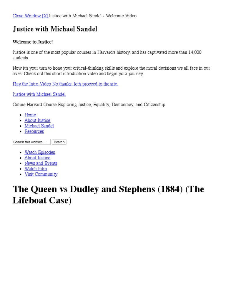 The Queen Vs Dudley and Stephens (1884) (The Lifeboat Case) - Justice ...