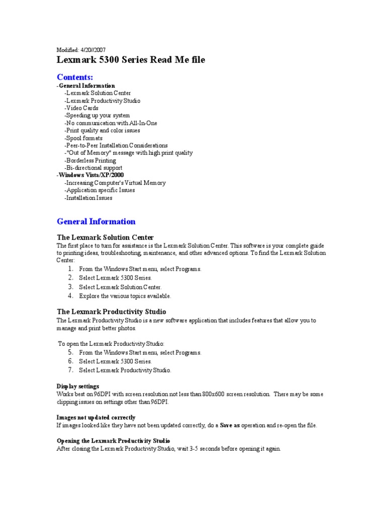 Lexmark 5300 Series Read Me File: Contents | PDF | Windows 2000 ...