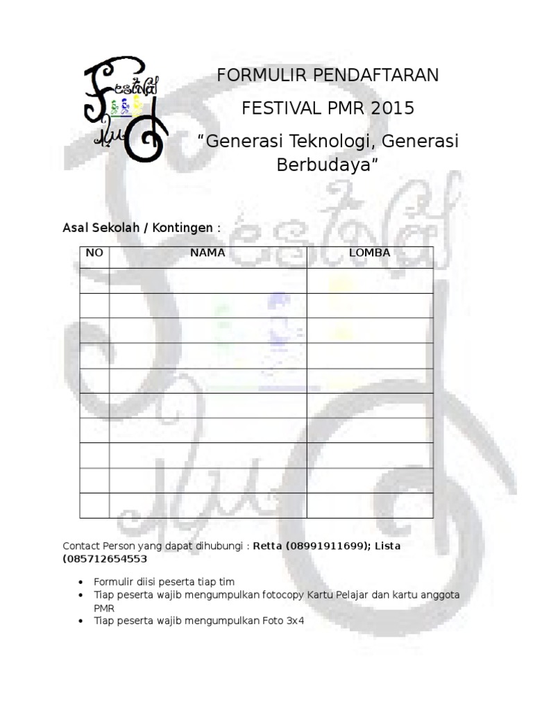 Form Pendaftaran (Festival PMR 2015) | PDF
