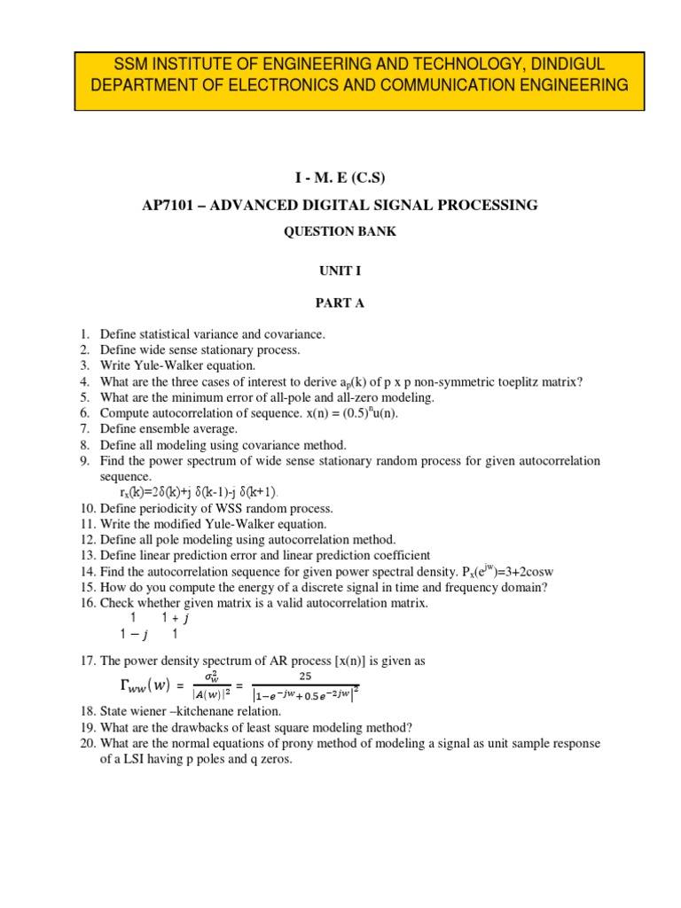 AP7101-Advanced Digital Signal Processing | PDF | Autoregressive Model | Spectral Density