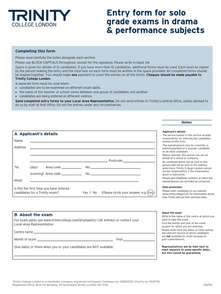 Trinity Entry Form Solo Grade Exams in Drama & Performance | Special ...