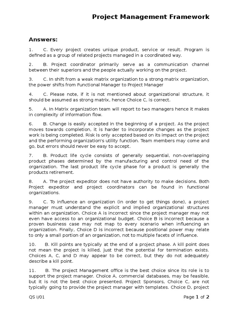 Project Management Framework: Answers | PDF | Project Management ...