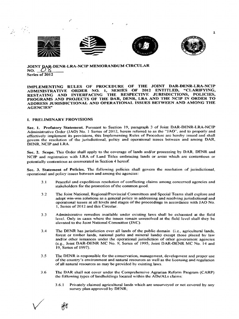 MC No 08 s'12 Implementing Rules of Procedure of The Joint DAR DENR LRA ...
