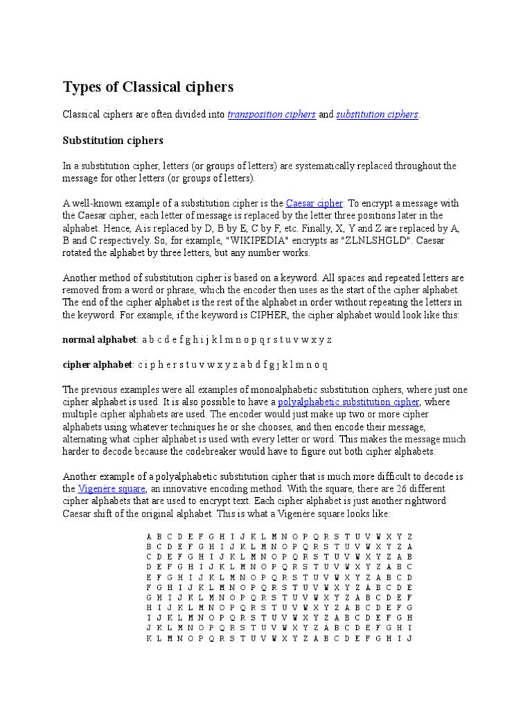 Types of Classical Ciphers | PDF | Cipher | Military Communications