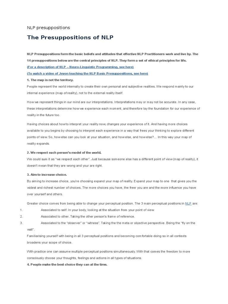 NLP Presuppositions | PDF | Mind | Intention