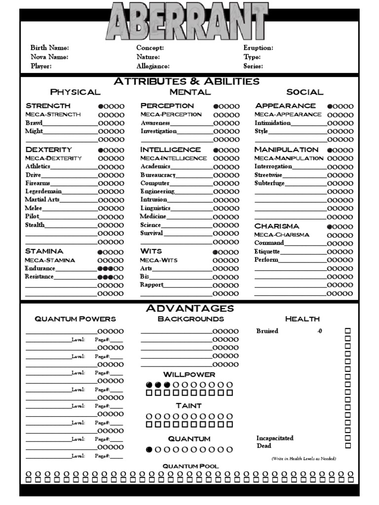 Aberrant 2 Page Character Sheet | PDF