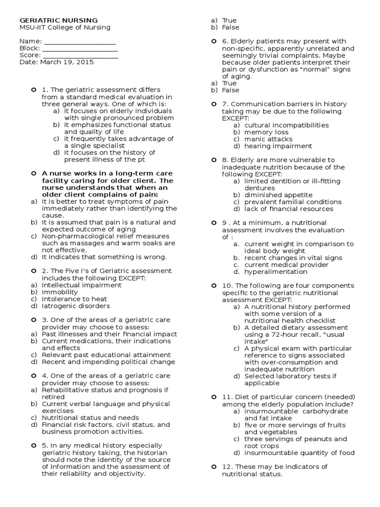 Geriatric Nursing Exam Practice Questions | PDF | Geriatrics | Urinary ...
