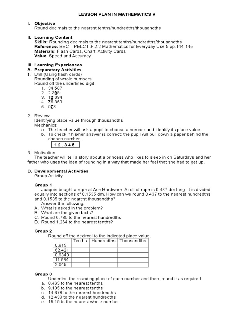 Rounding Decimals Lesson Plan | PDF | Rounding | Lesson Plan