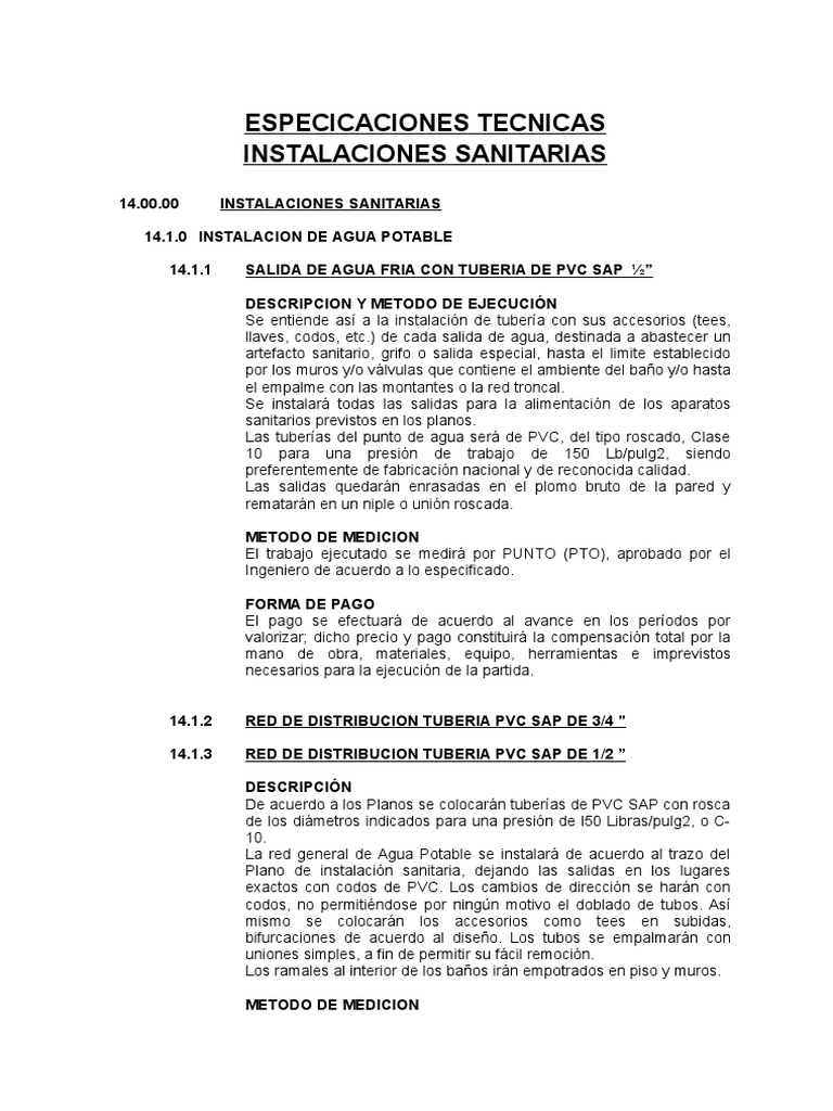 Instalaciones sanitarias especificaciones técnicas PVC desagüe aparatos | PDF | Herramientas ...