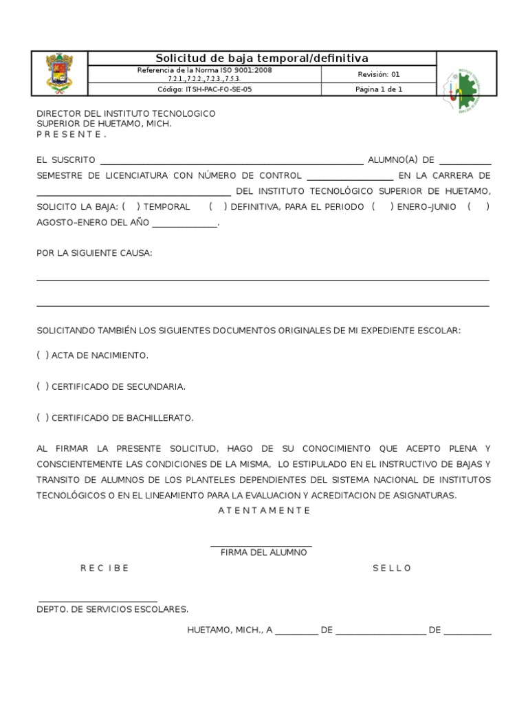 Solicitud de Baja Temporal-Definitiva | PDF