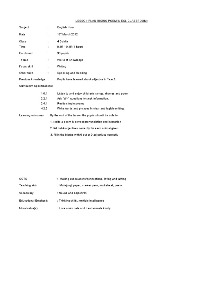 Sample Lesson Plan For Teaching Poem Lesson Plan Adjective