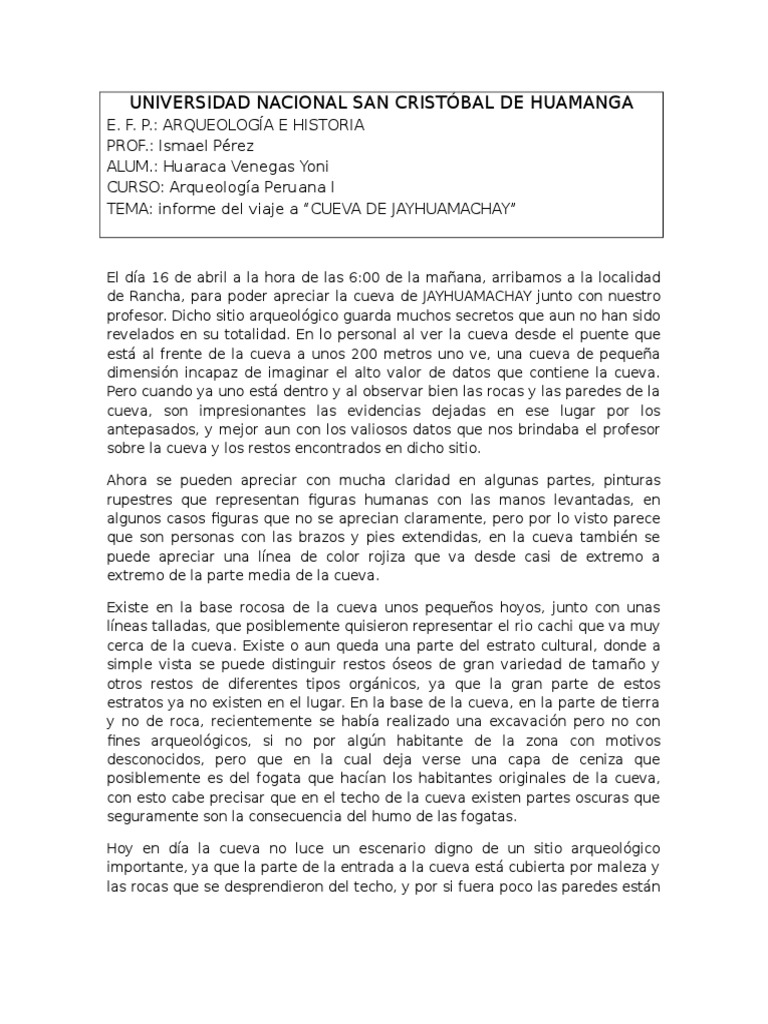 Informe sobre la Cueva de Jayhuamachay | PDF