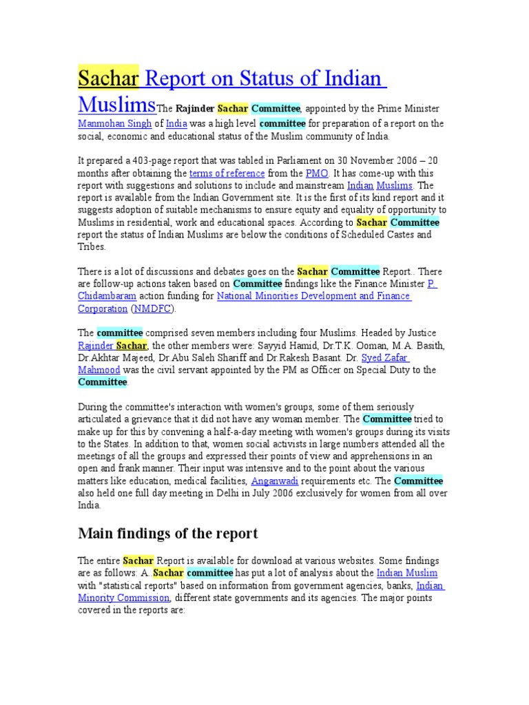 Sachar Report On Status of Indian Muslims | PDF | Government Of India ...