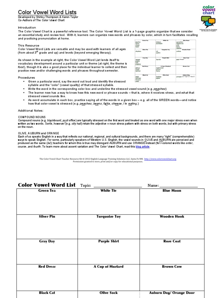 Color Vowel Word Lists | PDF | Stress (Linguistics) | Vowel